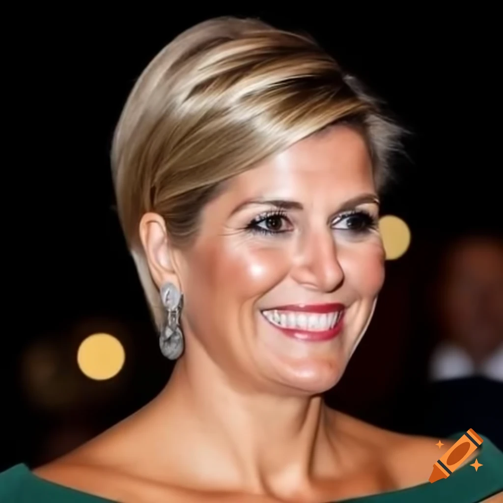 Queen maxima showcasing a bold short pixie haircut, side and rear view ...