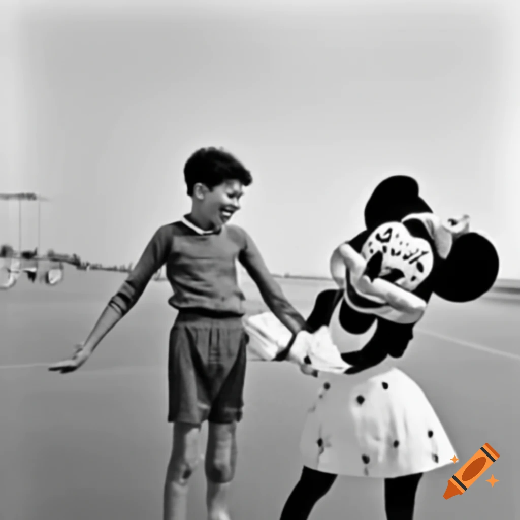 Minnie Mouse mascot playfully hugging a child, cheerful scene on Craiyon