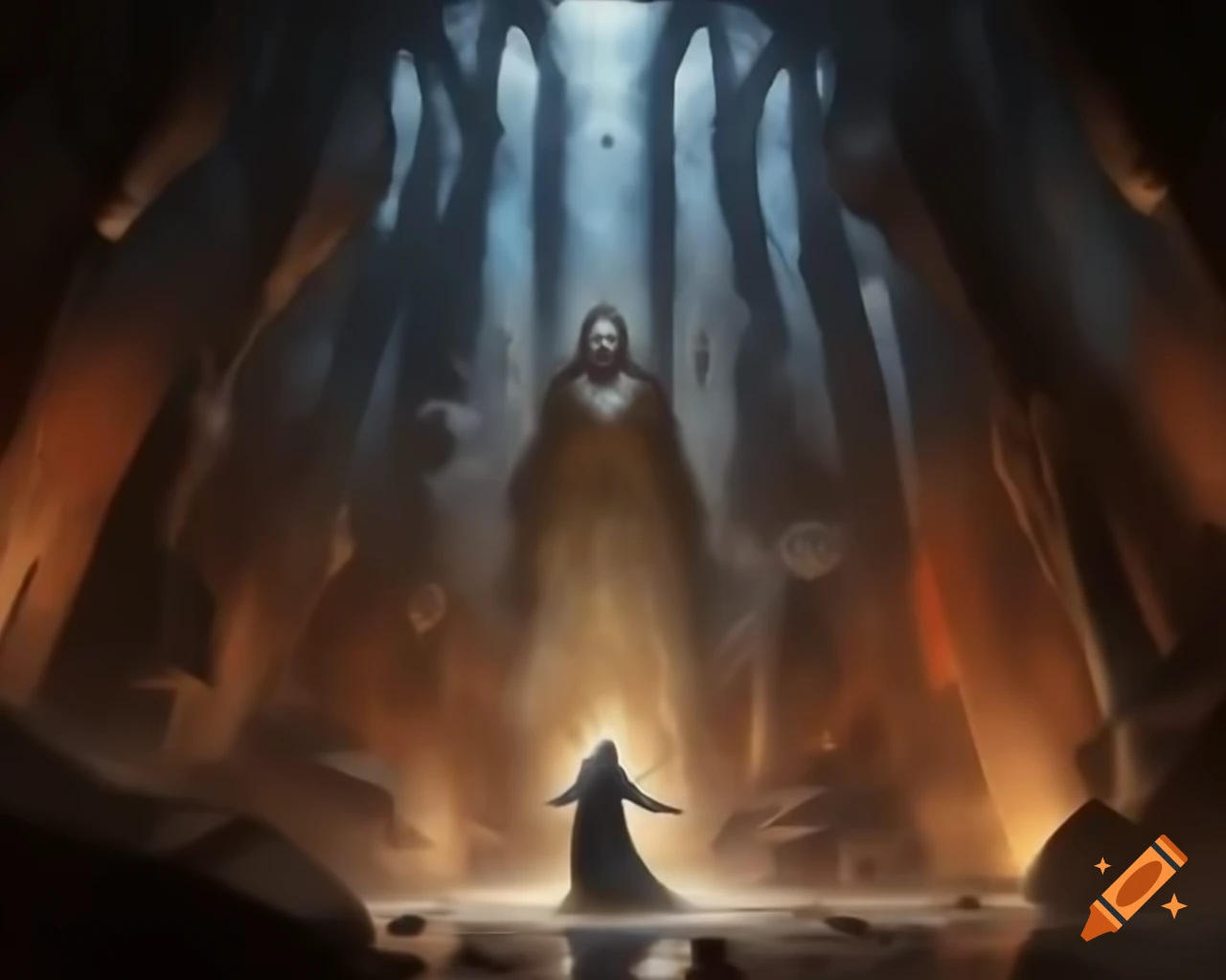 Mysterious figure in fantastical realm with detailed scrolls and ...