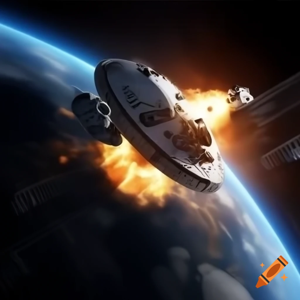 Spaceship escaping exploding Earth, pierced by Starlink satellite on Craiyon