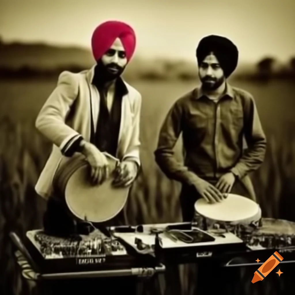 Punjabi traditional band in field, one playing tumbi and the other a dj ...