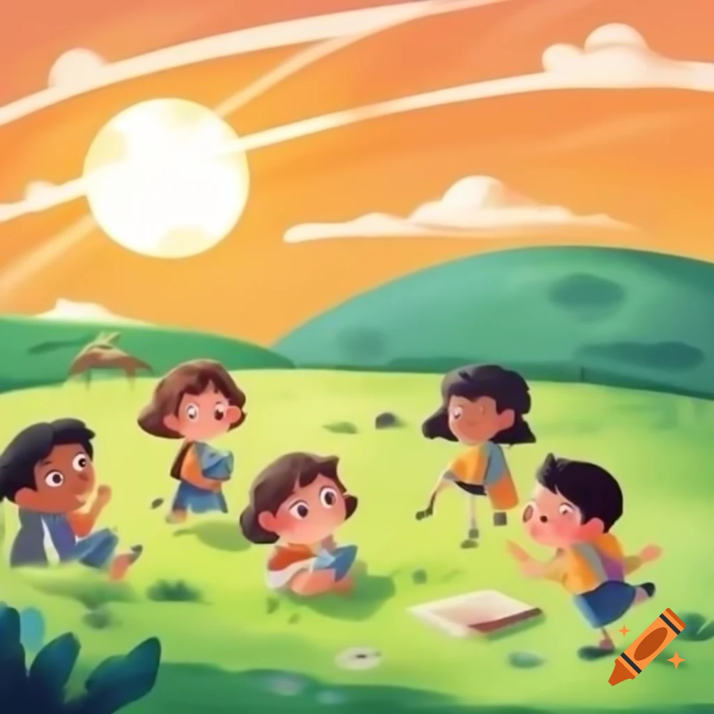 Sunset scenery with school children playing in playground after school ...