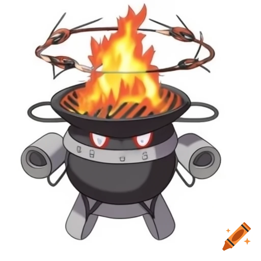 Fire/steel-type pokémon designed as a barbecue smoker with sharp barbed ...