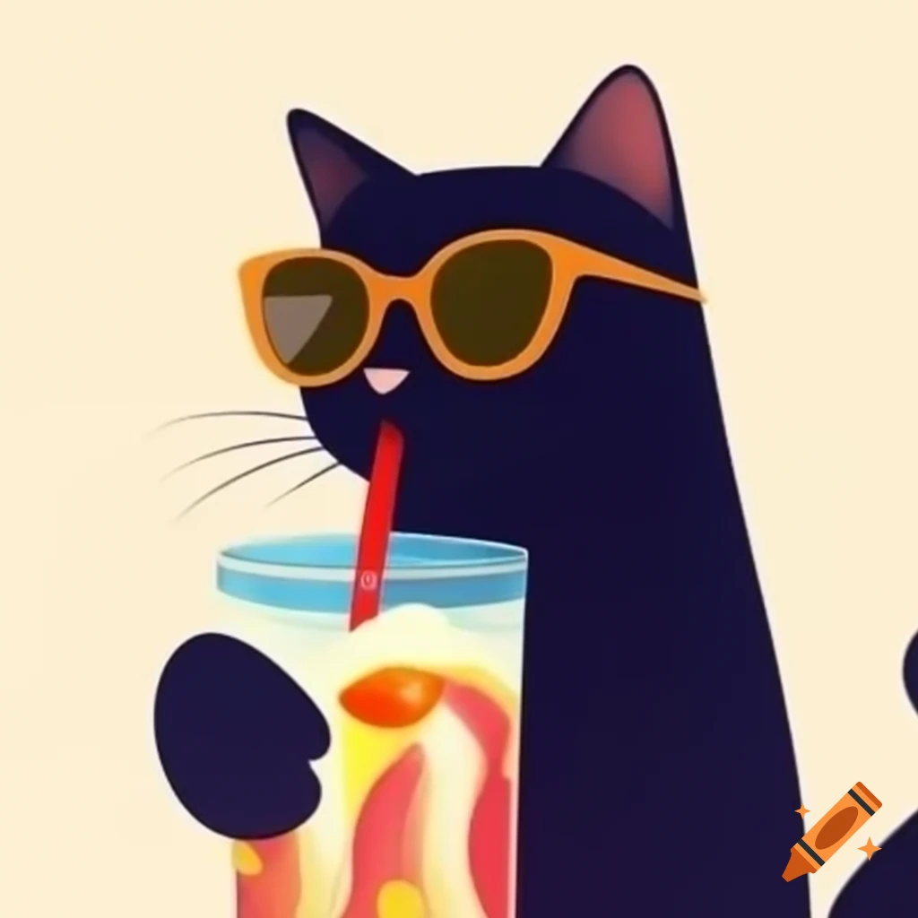 Cartoon black cat wearing sunglasses and drinking a beverage on Craiyon