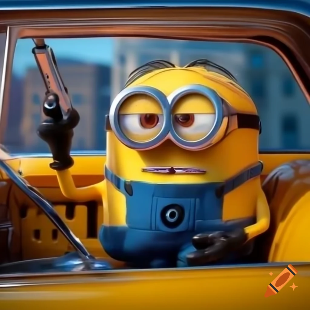 Bright yellow minion in overalls leaning out of classic 1964 chevrolet ...