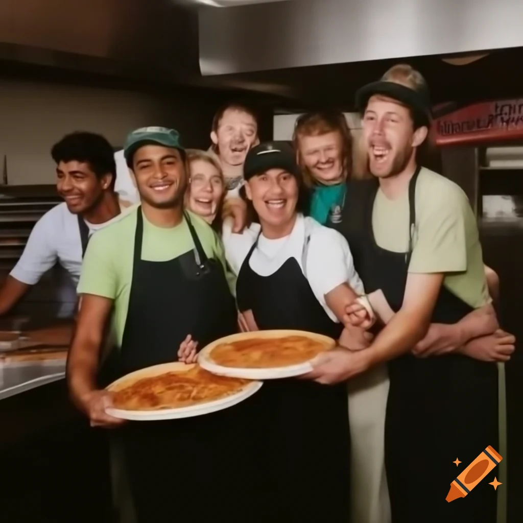 Happy customers enjoying pizza in a parlor with cheese smiles on Craiyon