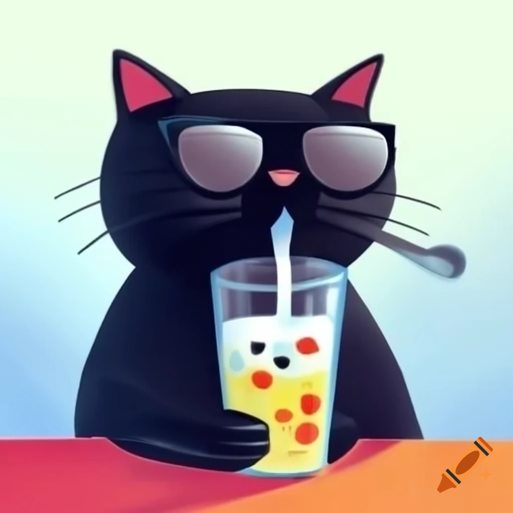 Cartoon art of black cat wearing sunglasses drinking a beverage on Craiyon