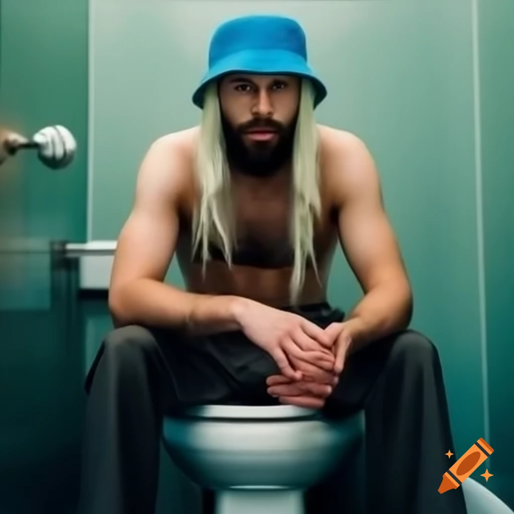 Character Resembling Daenerys Sitting On A Toilet Throne Wearing A Beard And Blue Bucket Hat On