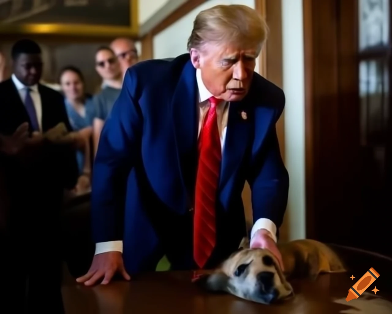 Donald trump rescuing a dog outside a restaurant on Craiyon
