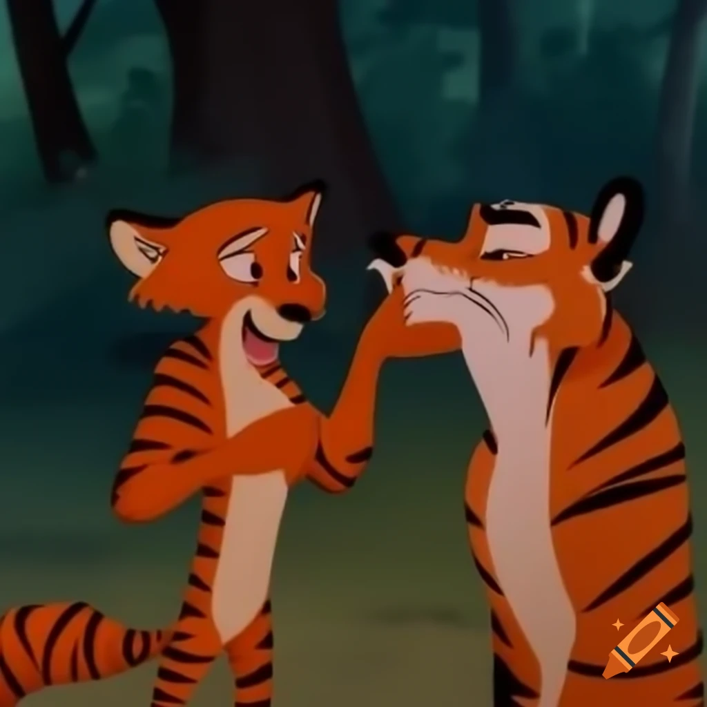 Fox and tiger in dense forest engaging in conversation on Craiyon
