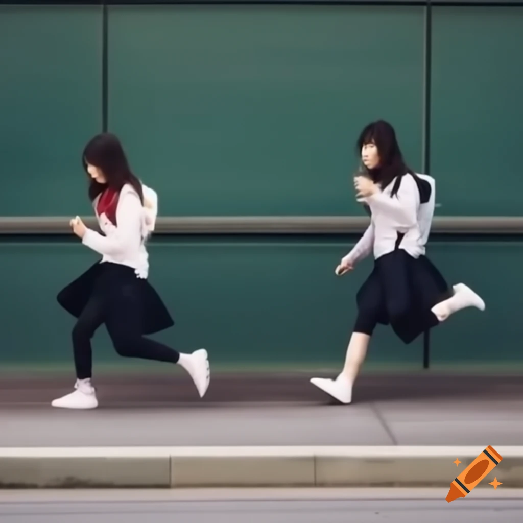 Korean student girls running after each other, one angry and one ...