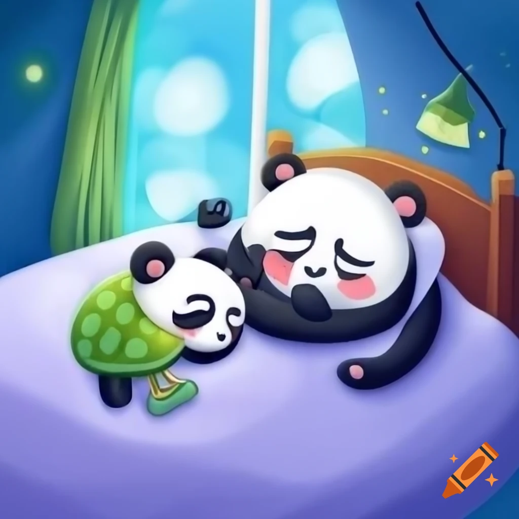 Sleeping panda cub cuddled with green stuffed turtle in serene room on ...