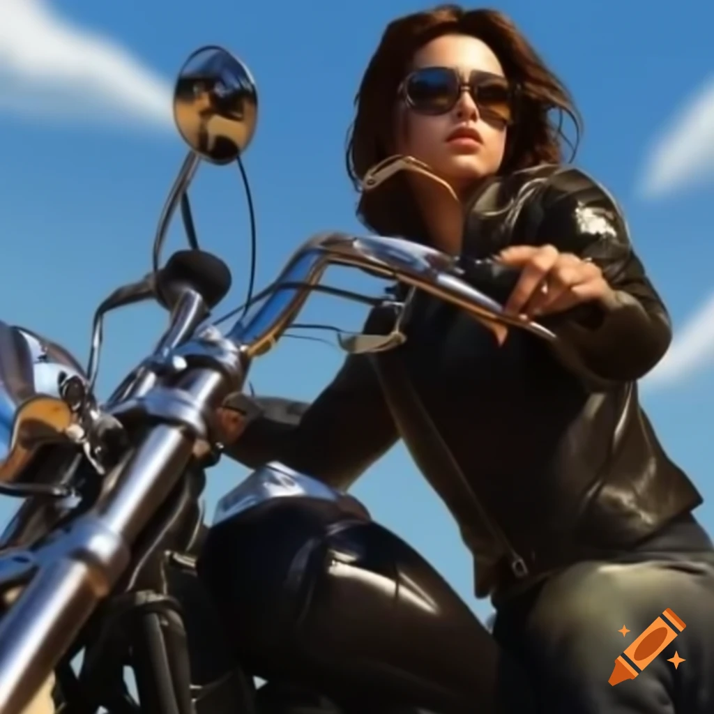 Female motorcycle rider with sunglasses, exuding cool confidence on Craiyon