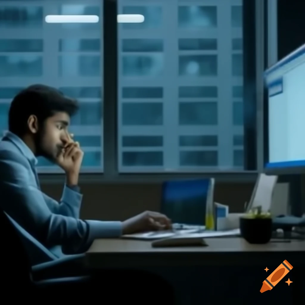 Young man in modern corporate office looking stressed at computer ...