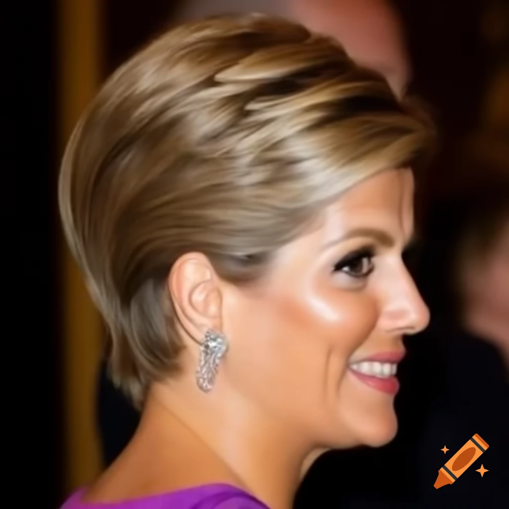 Queen Maxima showcasing a bold short pixie haircut, side and rear view ...