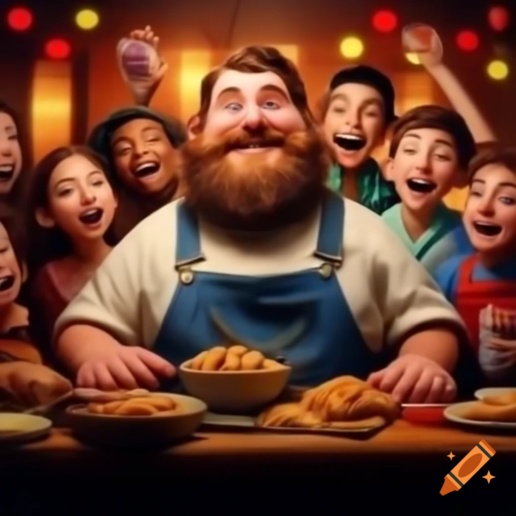 Cartoon hillbilly with friends holding snacks at a party on Craiyon