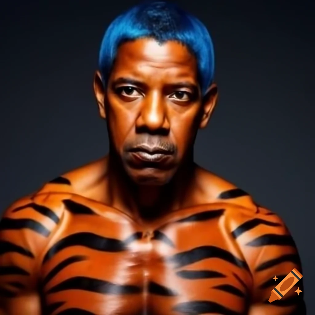 Muscular man with tiger-style makeup featuring blue hair and orange ...