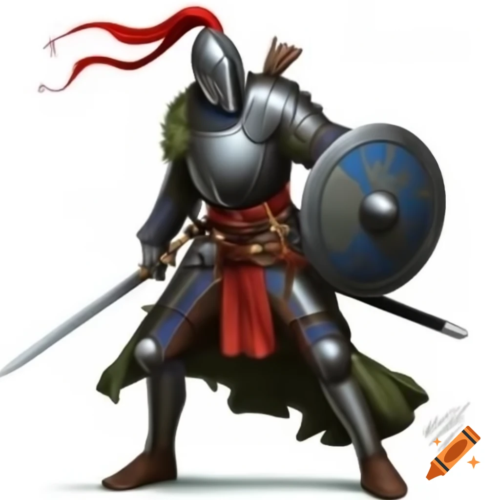 Medieval fighter in full armor with sword and shield in combat stance ...