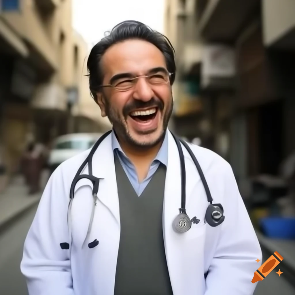 Doctor laughing in the streets of Tehran on Craiyon