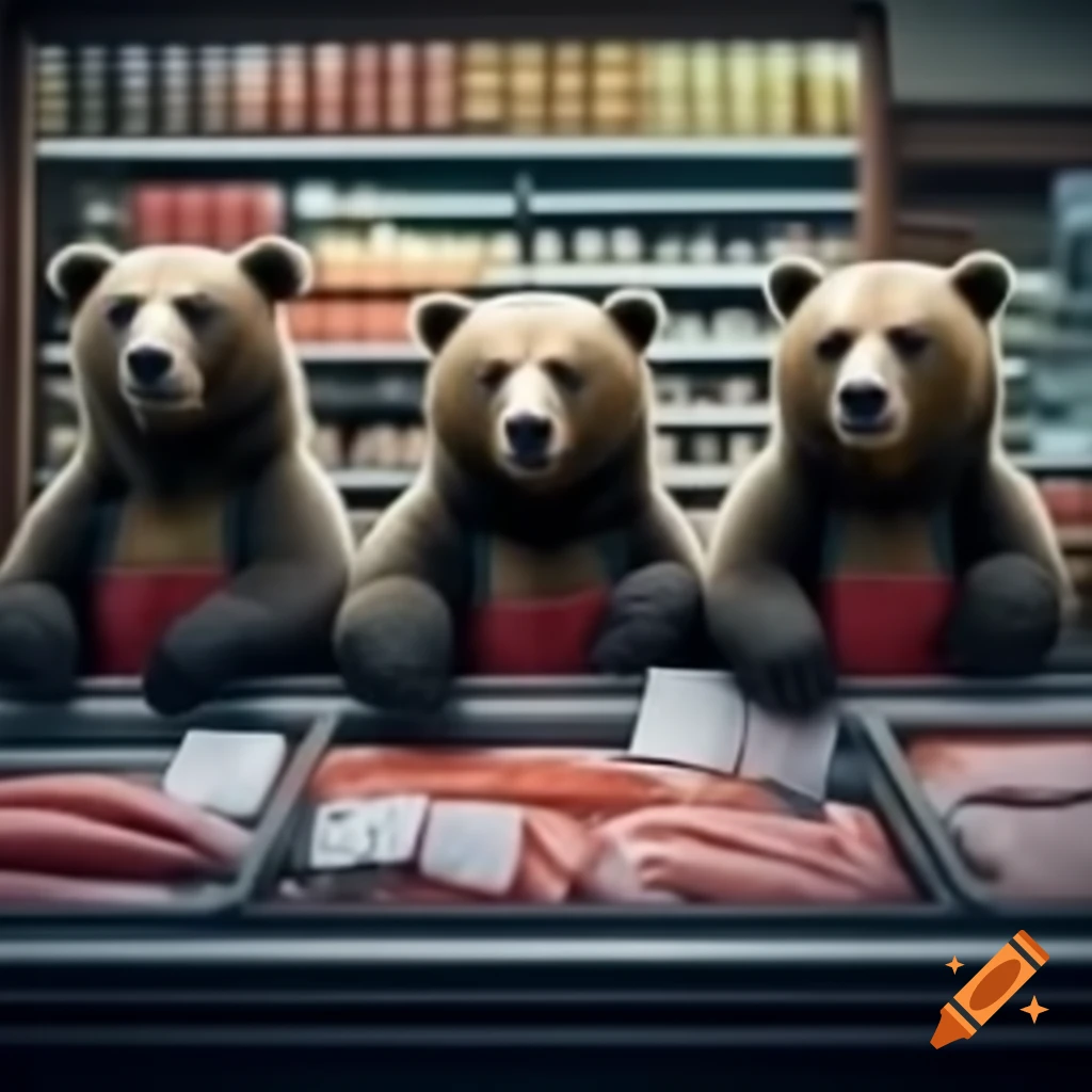 Bears shopping for salmon in a grocery store on Craiyon