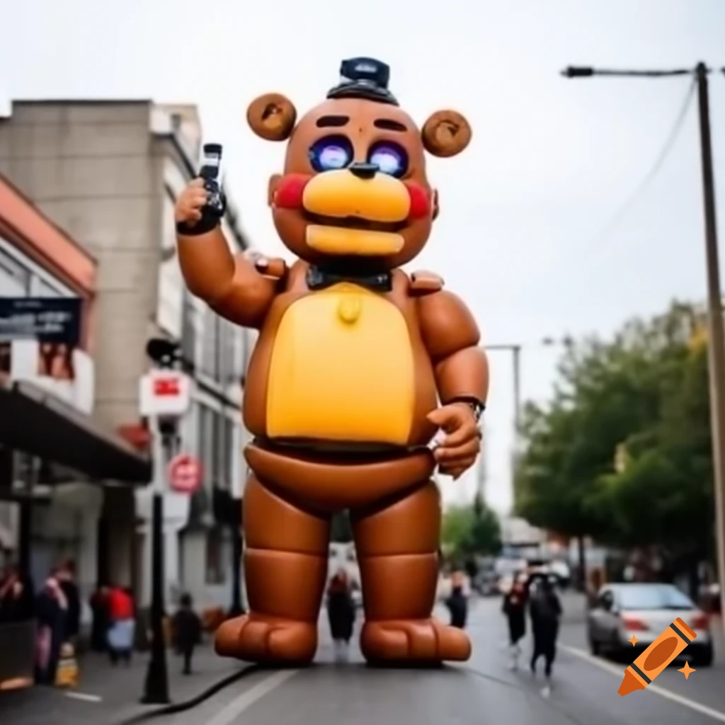 Giant inflatable Freddy Fazbear character on the street on Craiyon