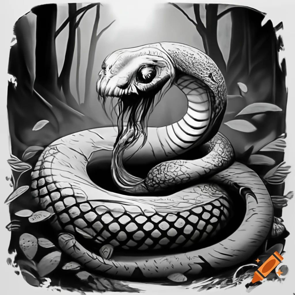 Creepy black and white drawing of snake blending with forest vines on ...