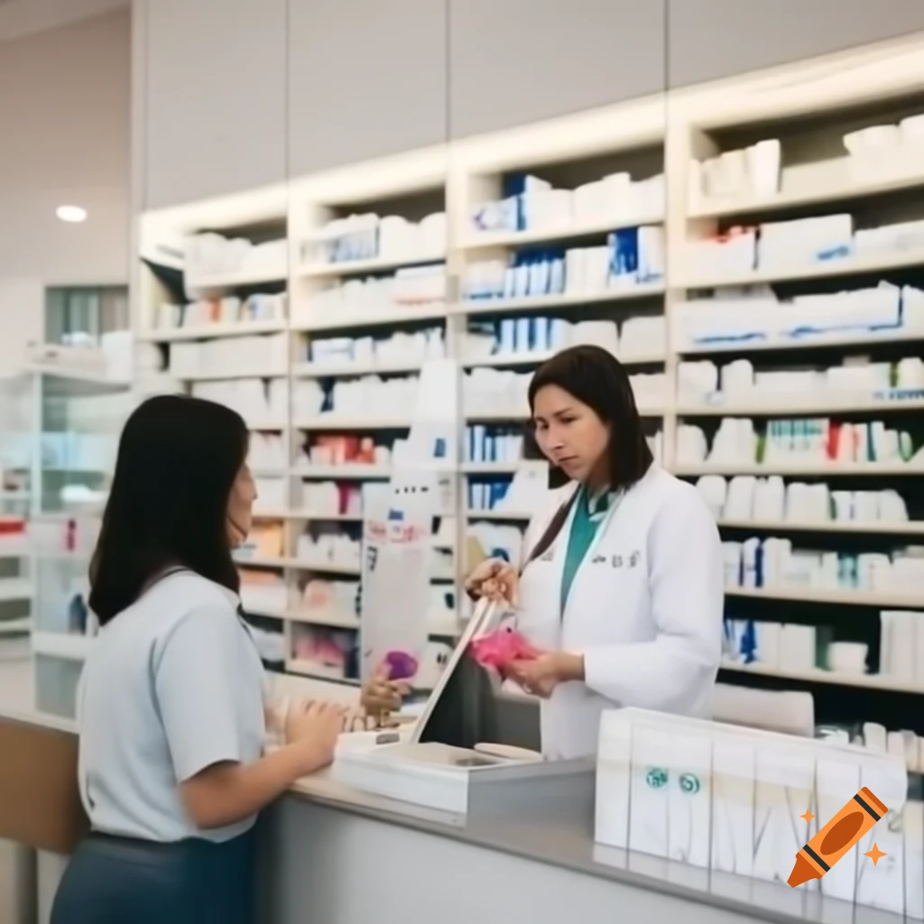 Modern pharmacy interior with pharmacist and shelves of medicines on ...