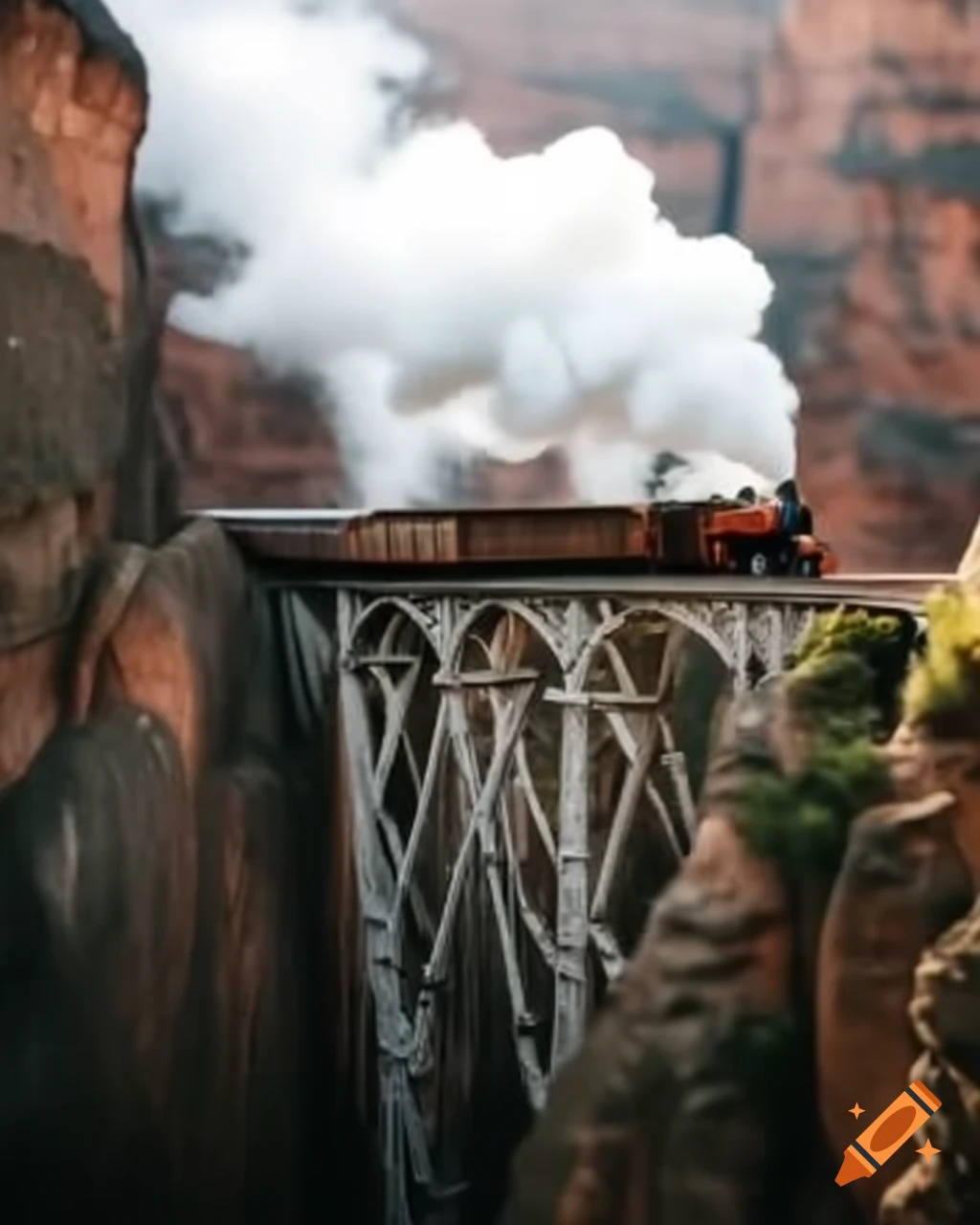 Vintage steam train crossing wooden bridge over deep canyon on Craiyon