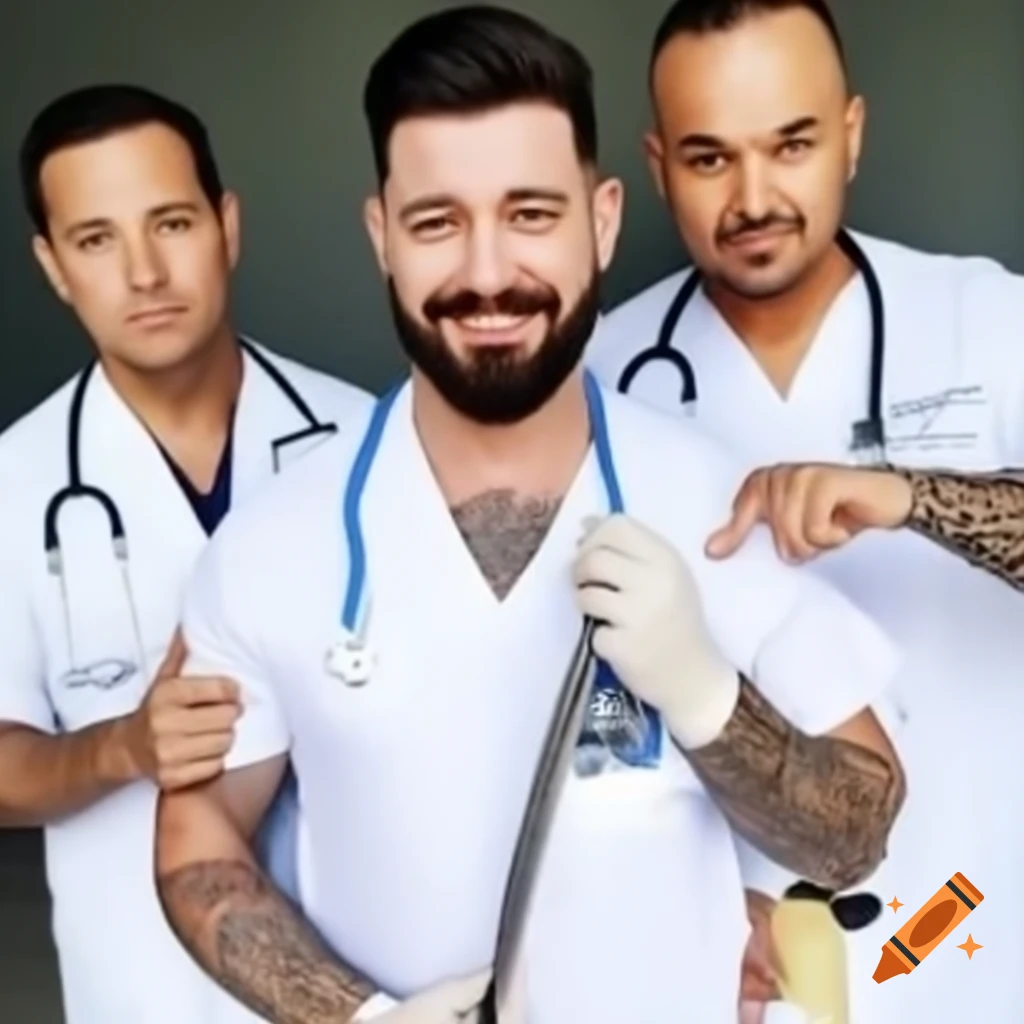 Three medical doctors with tattoos on hands holding a machete on Craiyon