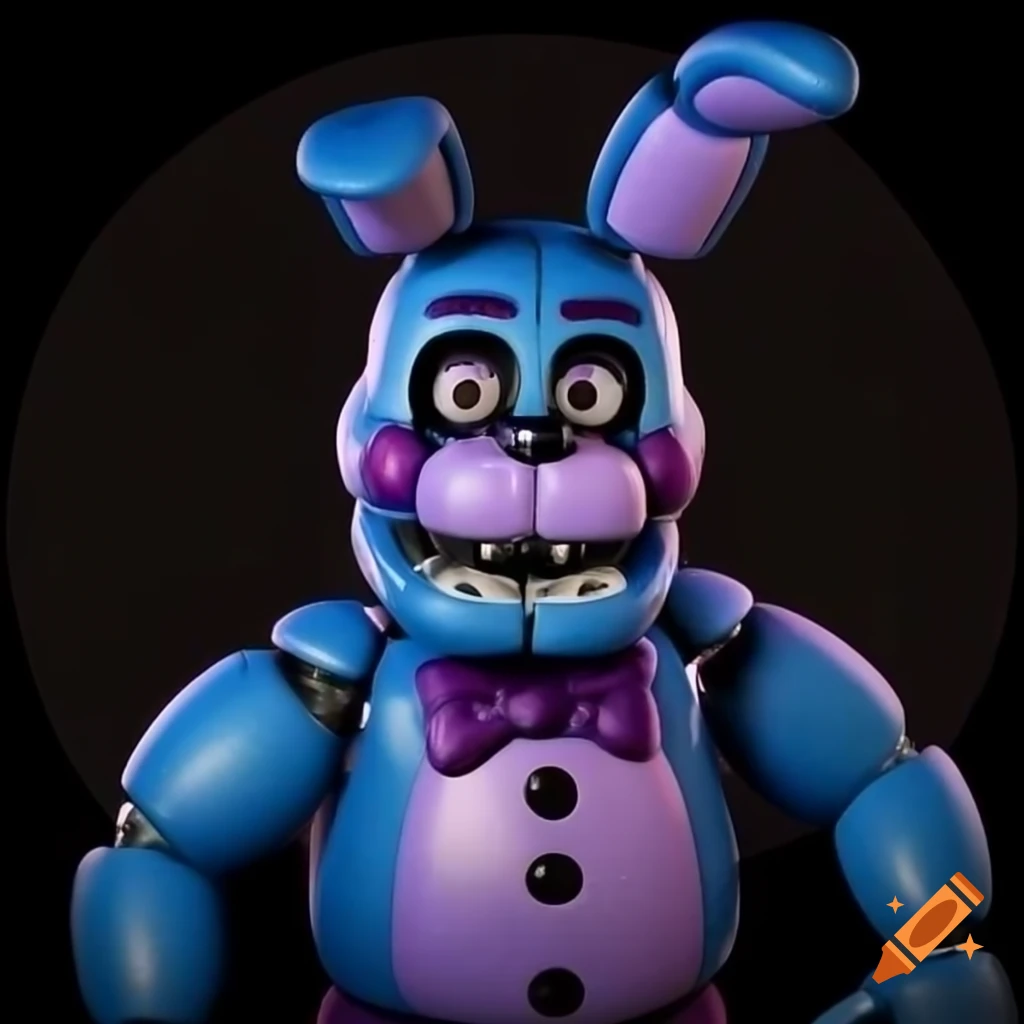 Animatronic cyan rabbit with purple bow tie displayed fully on Craiyon