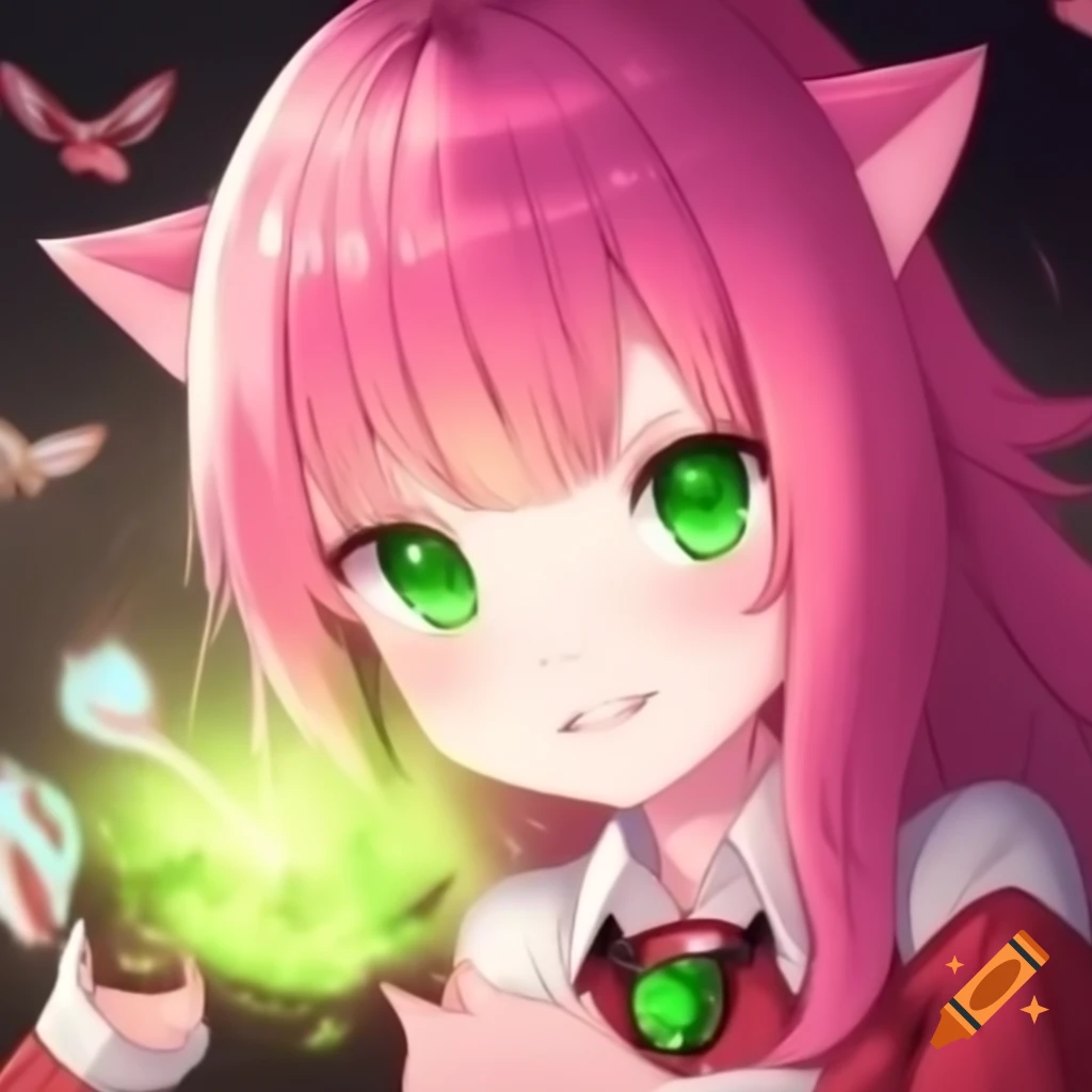 Magical cat-girl in anime style with pink hair, green eyes, and fire ...