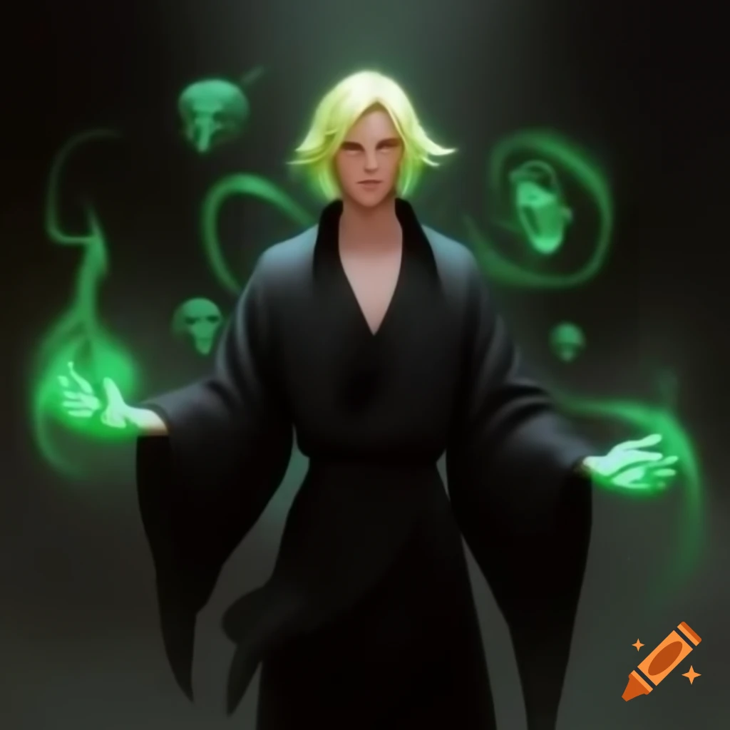 Mystical male character in black robe with magical symbols, thin and ...