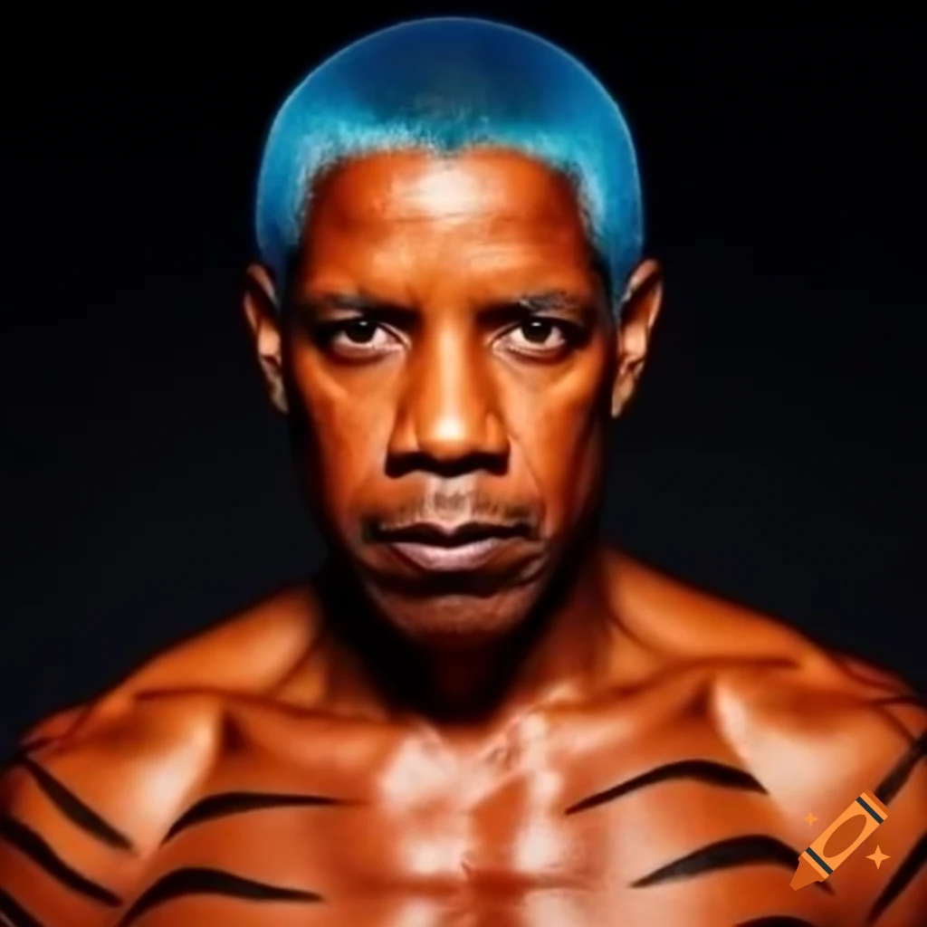 Denzel washington with tiger makeup and striking blue hair, showcasing ...