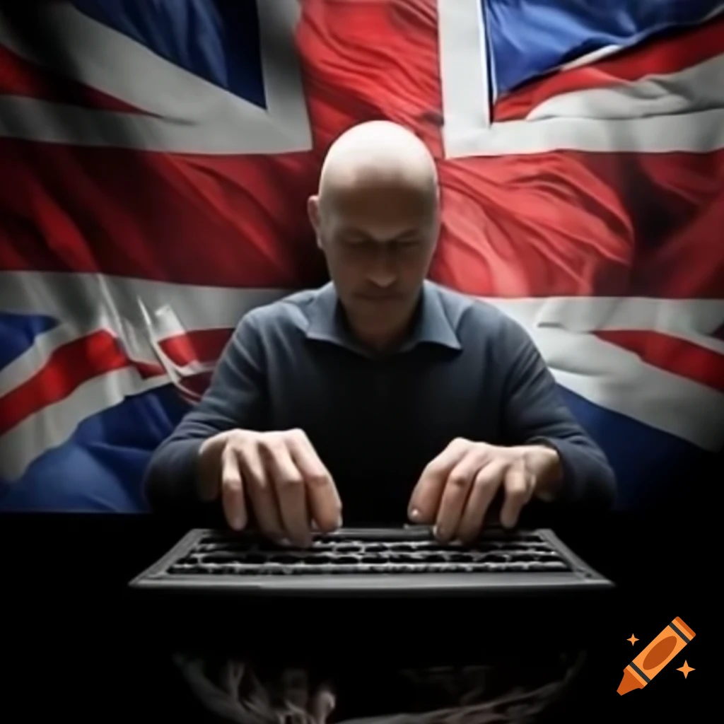 Man typing on keyboard with Union Jack flag in background on Craiyon