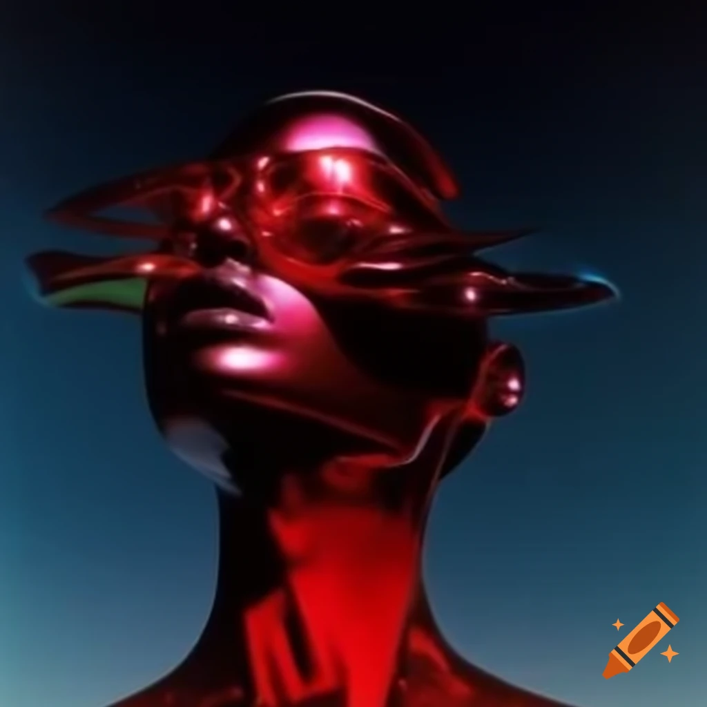 Iridescent red glass statue in pop surreal 2000's photography style on ...