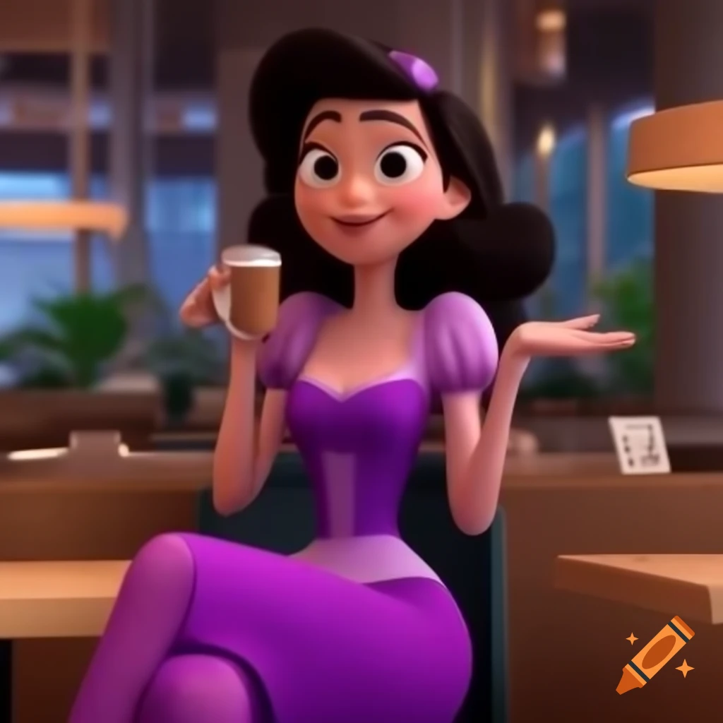 Disney pixar-style young woman in purple dress at modern café 'green ...