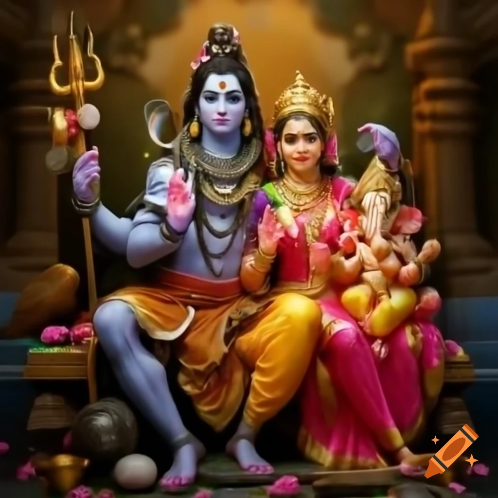 Lord Shiva and Parvati atop Mount Kailash, depicting traditional attire and symbols on Craiyon