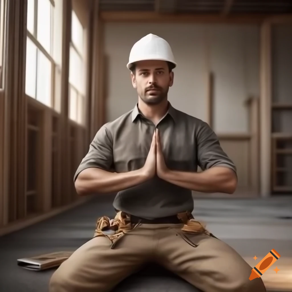 Construction engineer practicing yoga outdoors on Craiyon