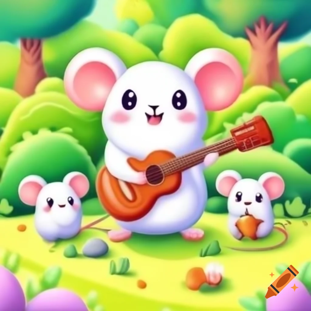 Cute mouse playing guitar in garden with friends, line drawing on Craiyon