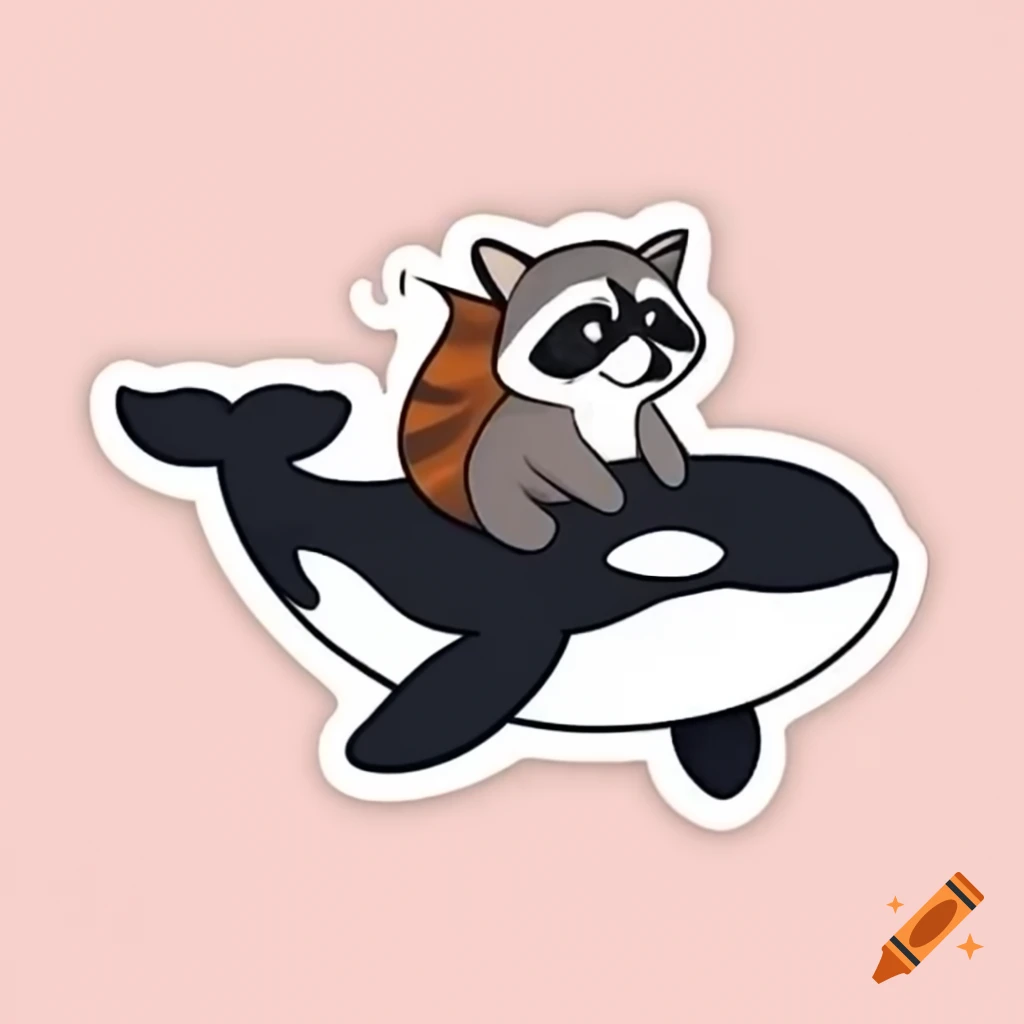 Raccoon riding an orca sticker design on Craiyon