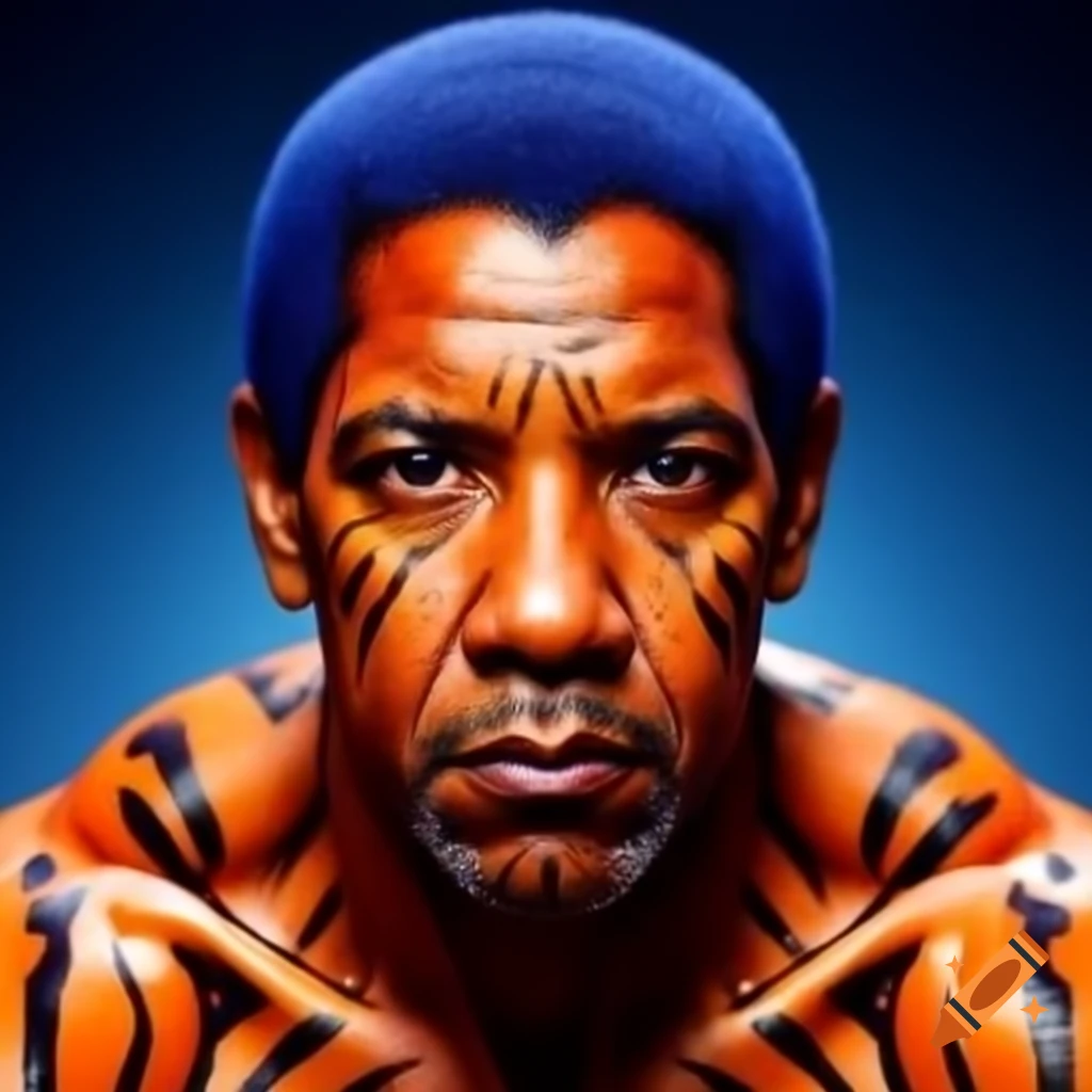 Muscular man with tiger-style makeup featuring blue hair, orange skin ...
