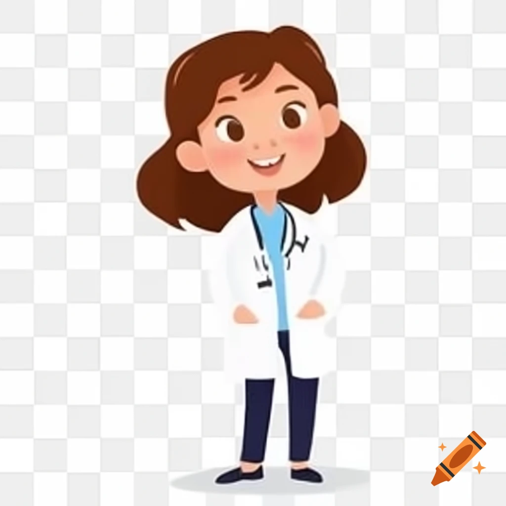Cartoon woman doctor in white coat smiling warmly, whimsical vector art ...