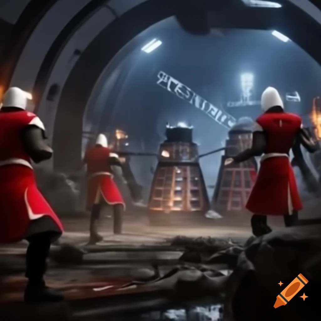 Chancellery guards fighting daleks in futuristic interior with ...