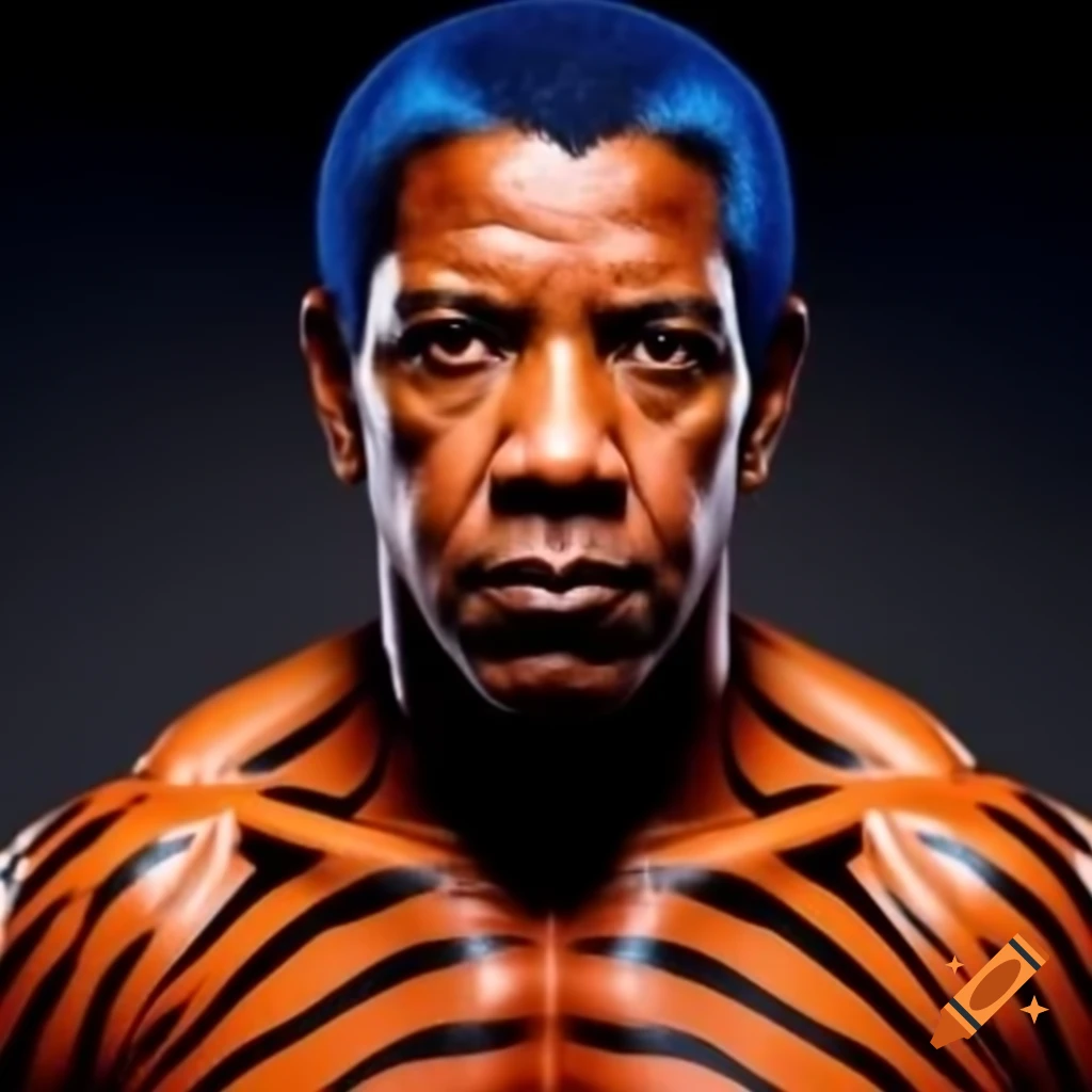 Muscular man with tiger-style makeup featuring blue hair and orange ...