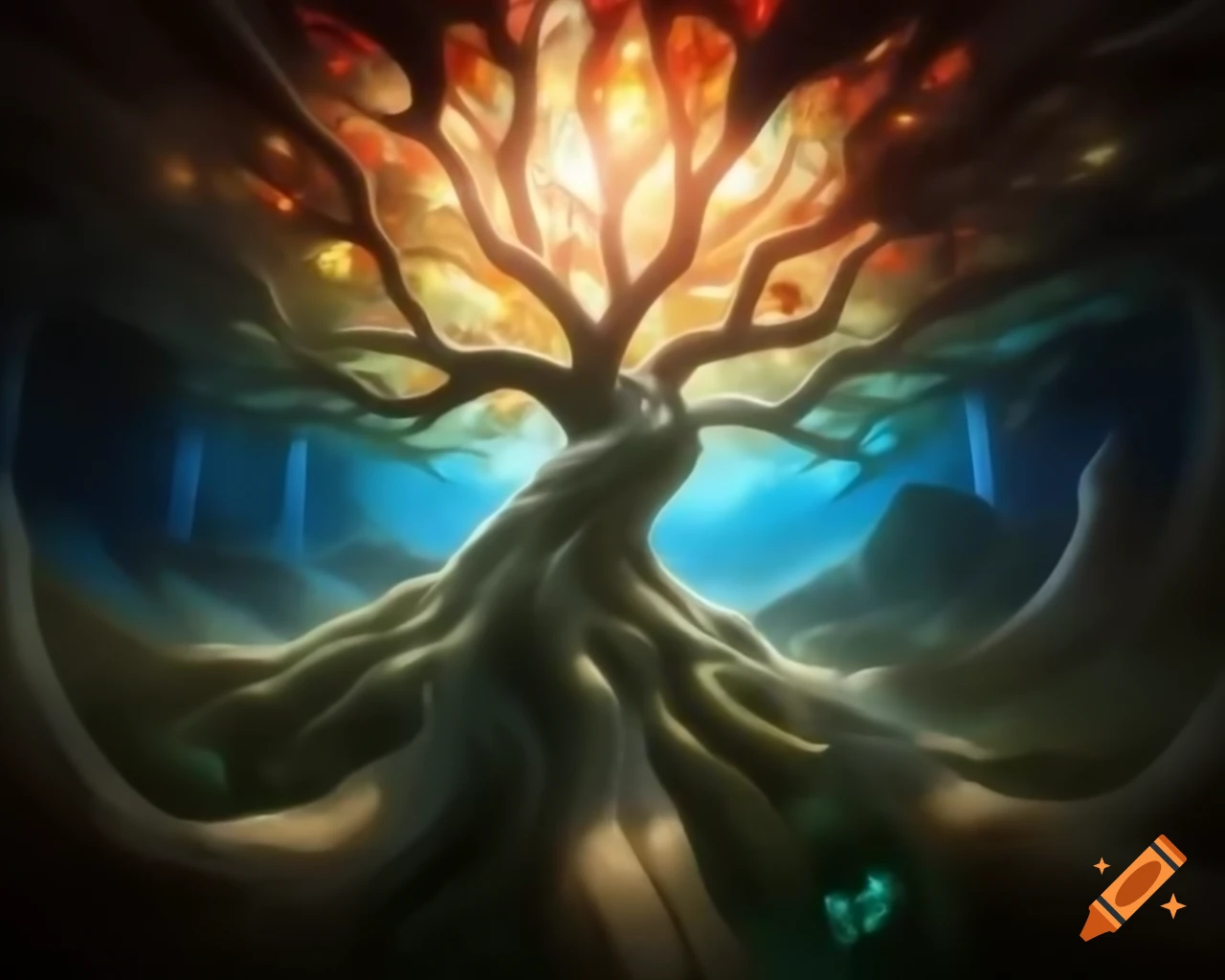 Gnarled tree and luminous stained glass in vibrant colors on Craiyon