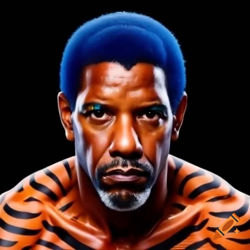 Muscular figure with tiger-style makeup, blue hair and orange skin on ...