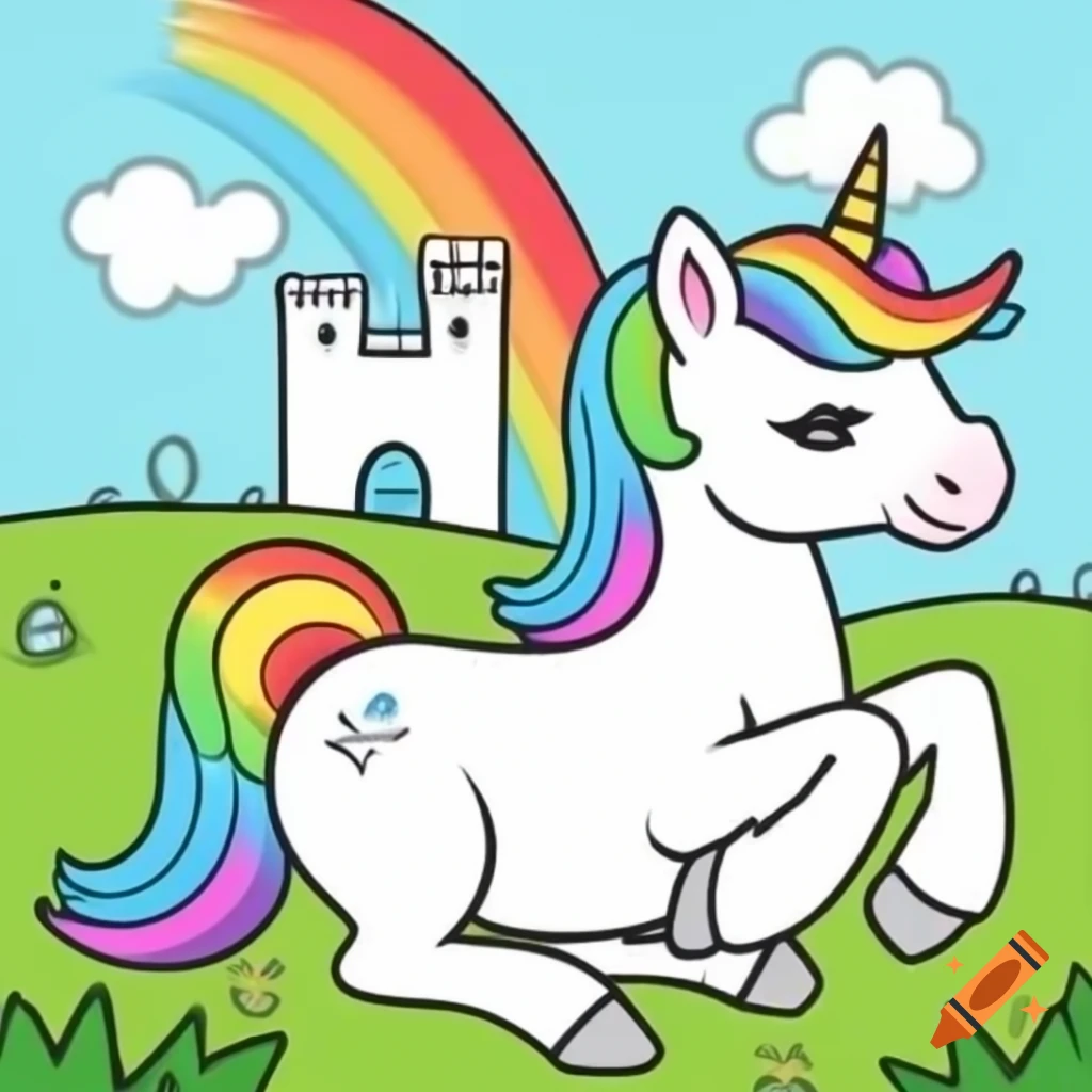 Unicorn with rainbow mane lying in grassy field near majestic castle on Craiyon