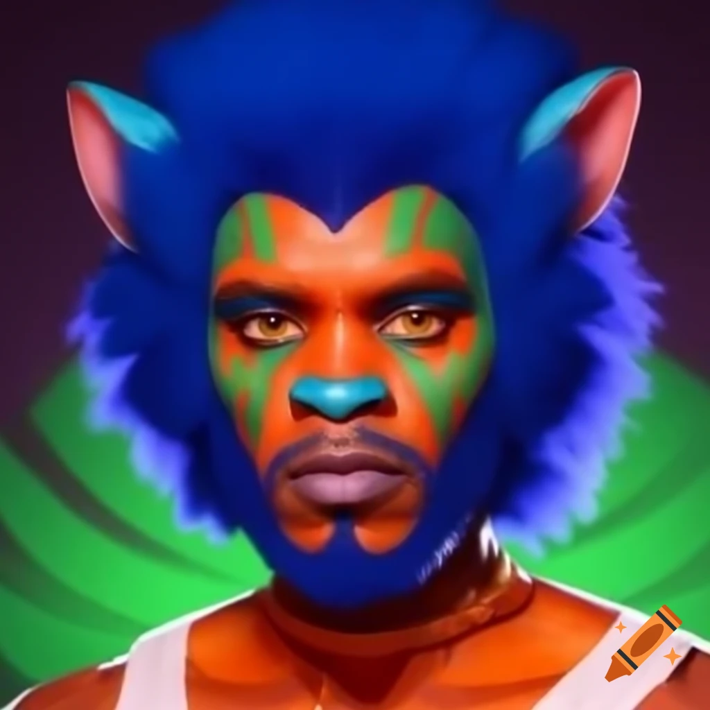 Muscular character with furry makeup and colorful skin tones on Craiyon