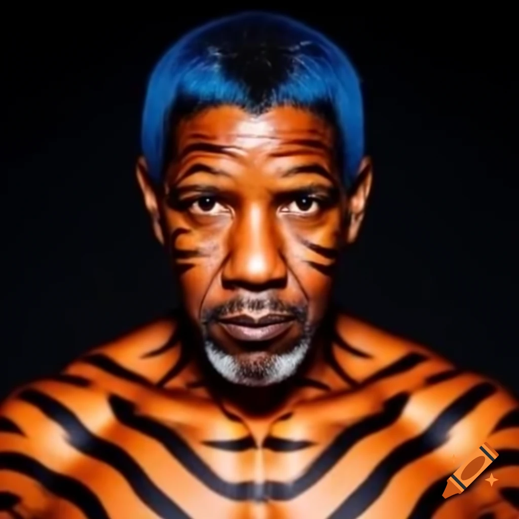 Muscular man with tiger-style makeup featuring blue hair and black ...