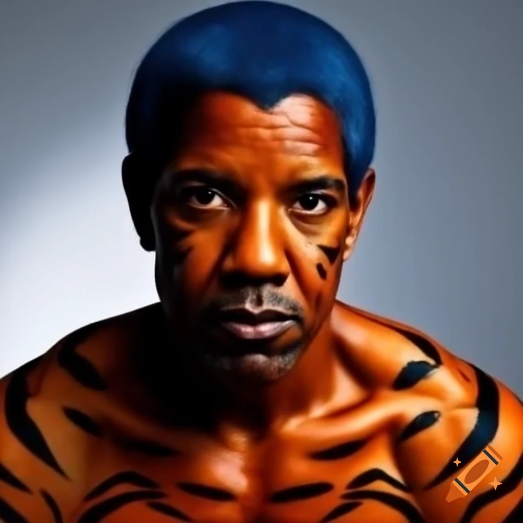 Muscular man with tiger-style makeup featuring blue hair and orange ...